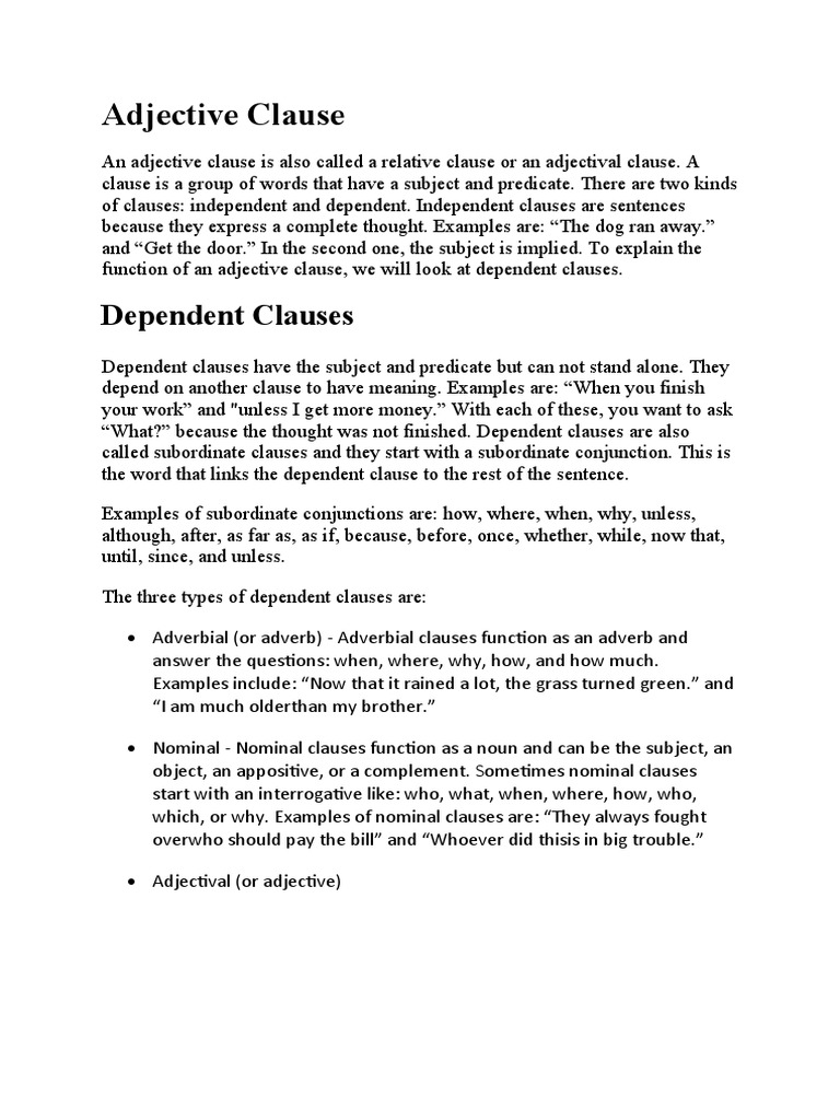 Adjective Clause: Dependent Clauses | PDF | Adjective | Clause