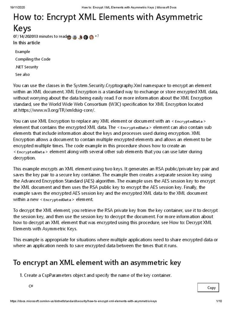 How To Encrypt Xml Elements With Asymmetric Keys Microsoft Docs Pdf Key Cryptography
