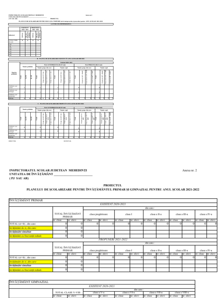 Anexe Plan - Scolarizare - 2021-2022 MODEL | PDF