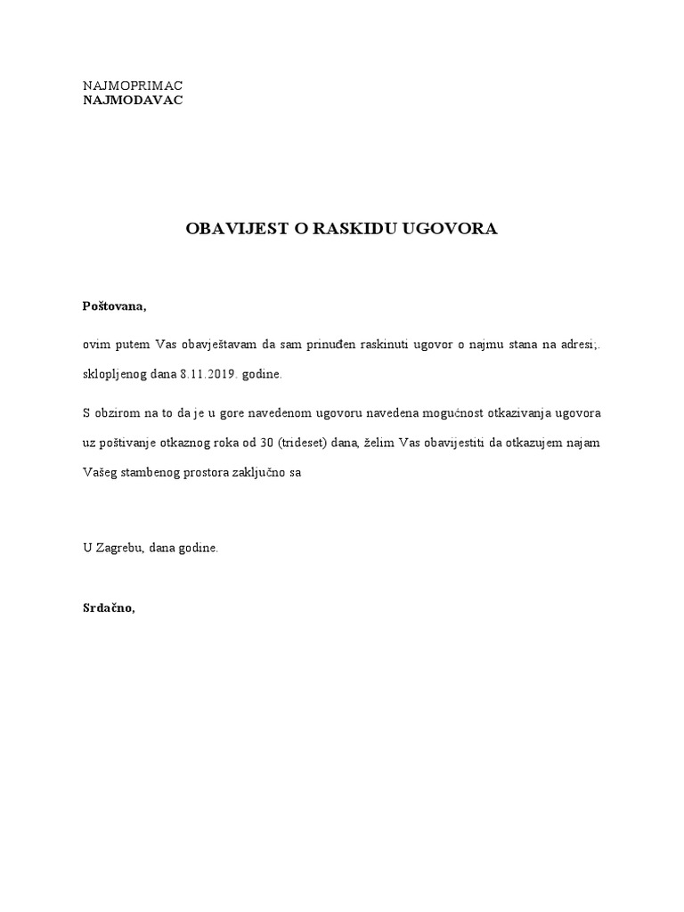 Obavijest o Raskidu Ugovora | PDF