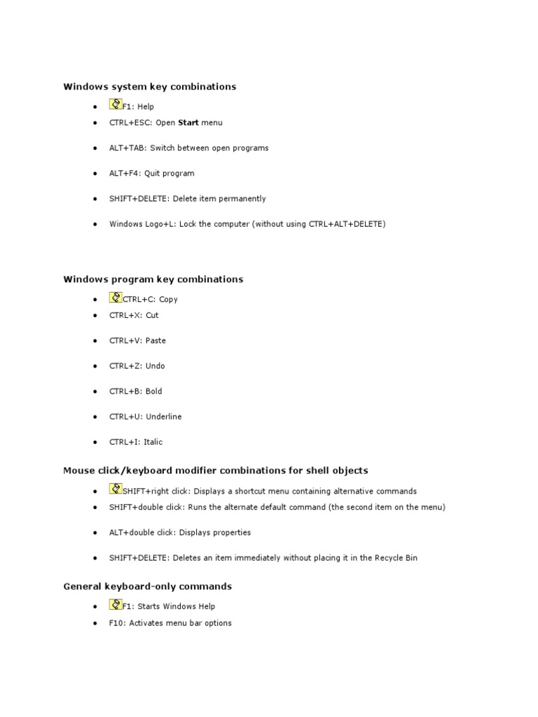 Windows System Key Combinations Pdf Computer Keyboard Window