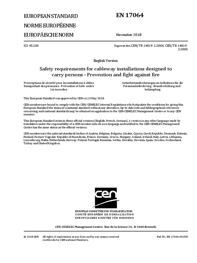 EN 17064 - Safety Requirements For Cableway Installations Designed To Carry Persons - Prevention ...