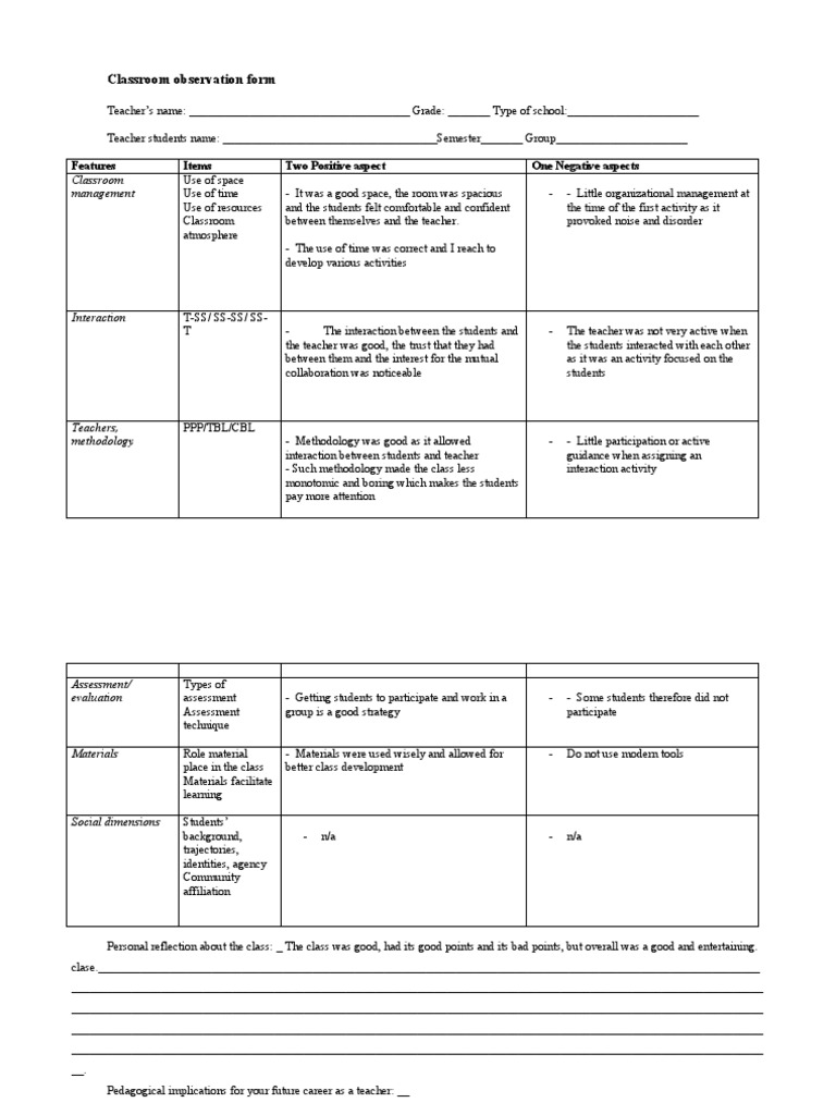 Classroom Observation Form | PDF | Classroom | Teachers