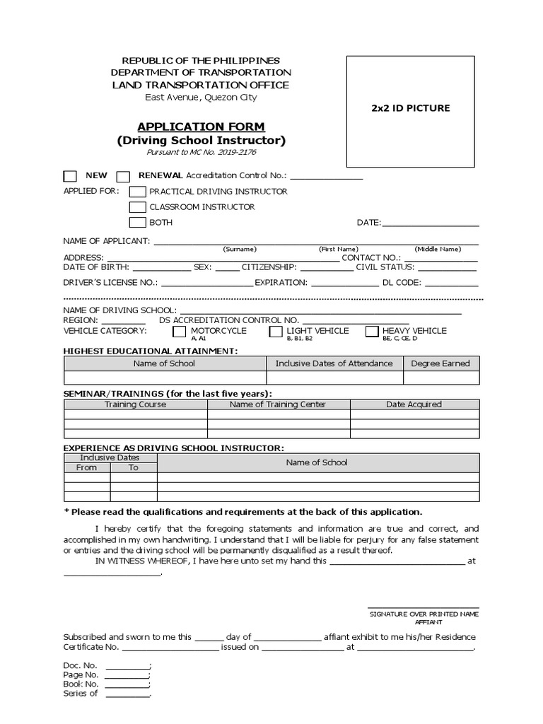 Application Form (Driving School Instructor) 2X2 Id Picture: Land ...
