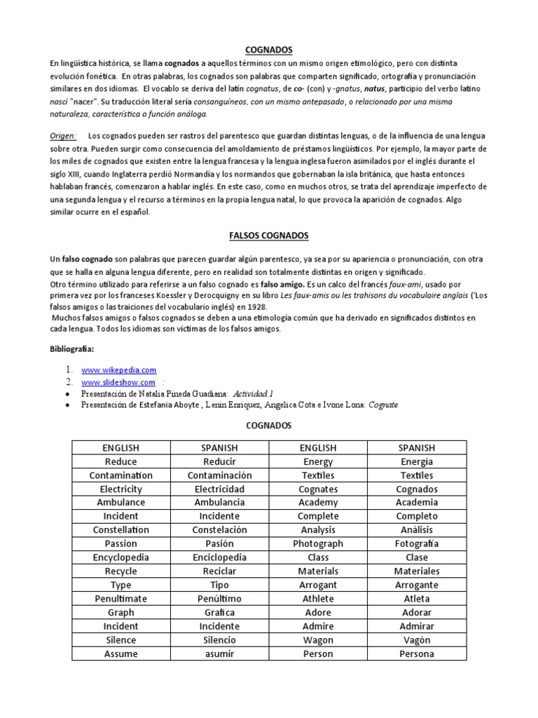Cognados y Falsos Cognados | PDF | Idioma en Inglés | Estándares ...