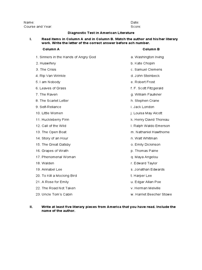 American Literature Diagnostic Test | PDF | American Literature ...
