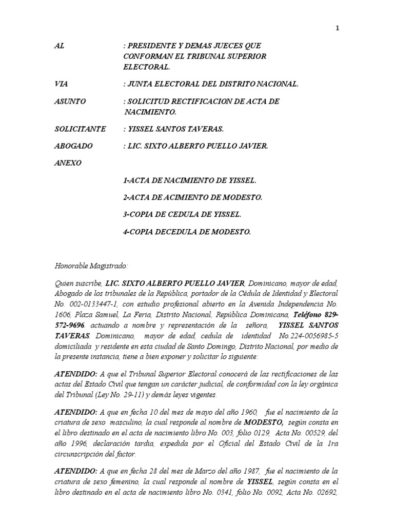 Rectificacion de Acta de Nacimiento Solanyi Perez | PDF | Certificado ...