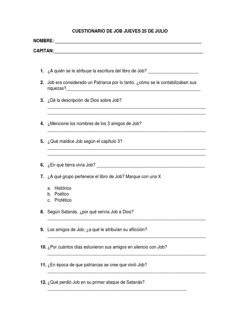 Cuestionario sobre la historia de Job | PDF