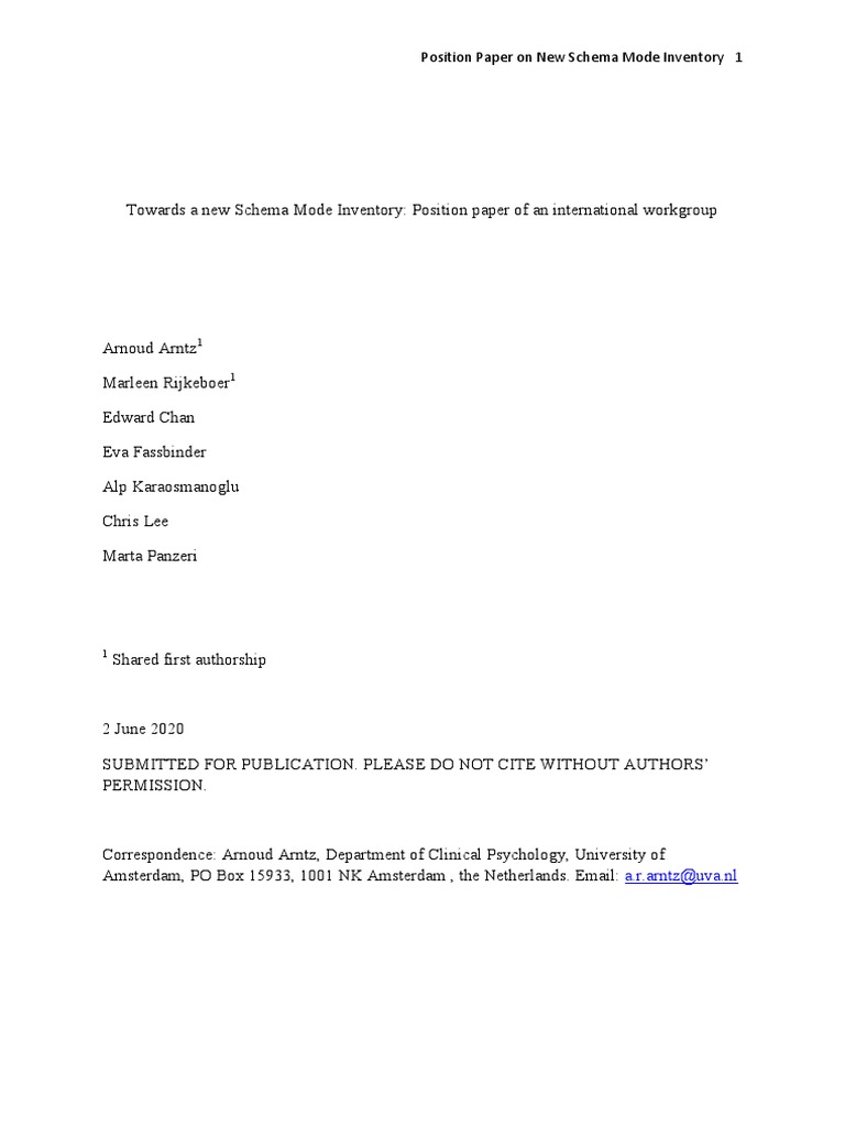 Towards A New Schema Mode Inventory - Preprint Submitted Ms 2 June 2020 ...