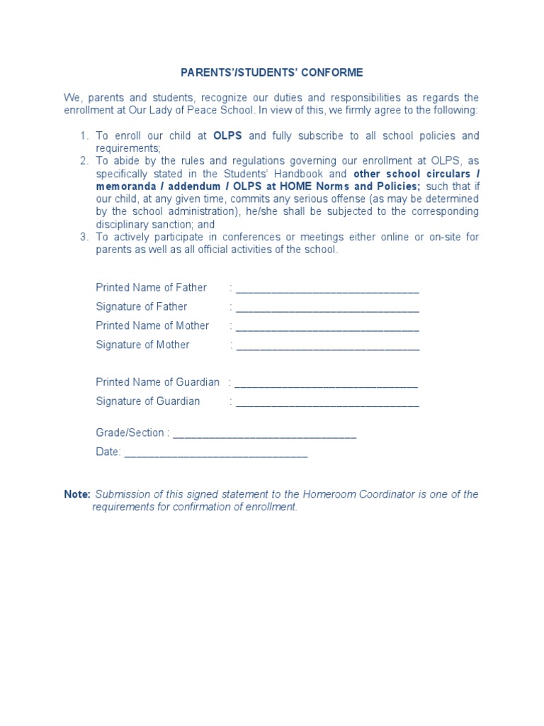 Parents'/Students' Conforme: Requirements For Confirmation of ...