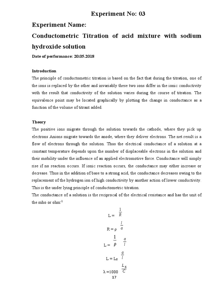 Experiment No: 03 Experiment Name: Conductometric Titration of Acid ...