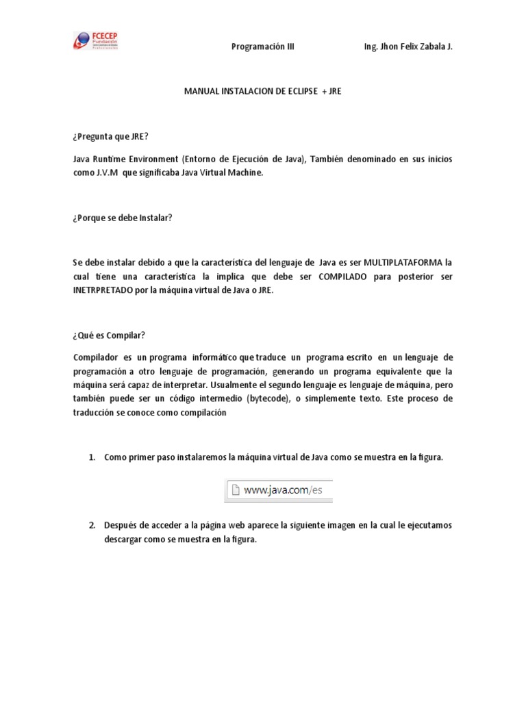 Manual Instalacion de Eclipse | PDF | Java (lenguaje de programación) | máquina virtual de Java