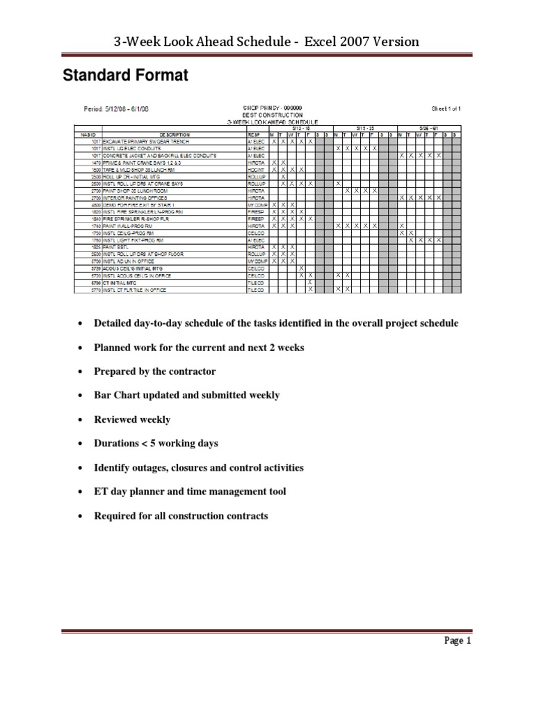 3-Week Look Ahead Schedule Guide | PDF | Page Layout | Microsoft Excel