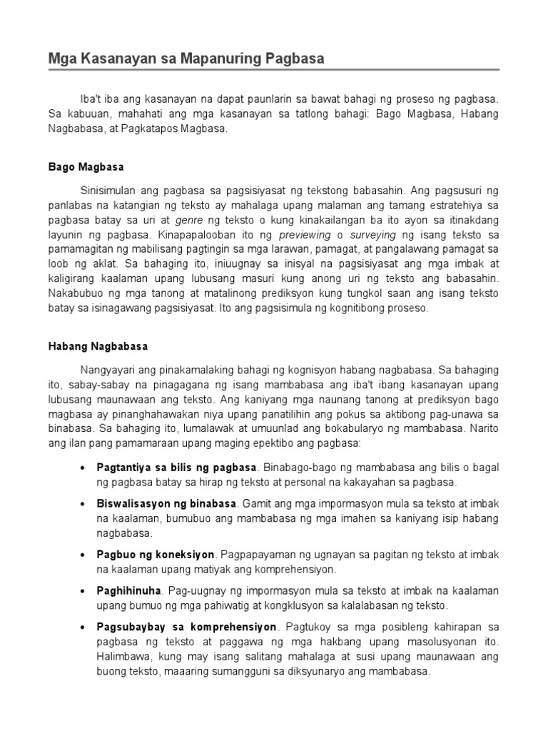Mga Kasanayan Sa Mapanuring Pagbasa | PDF