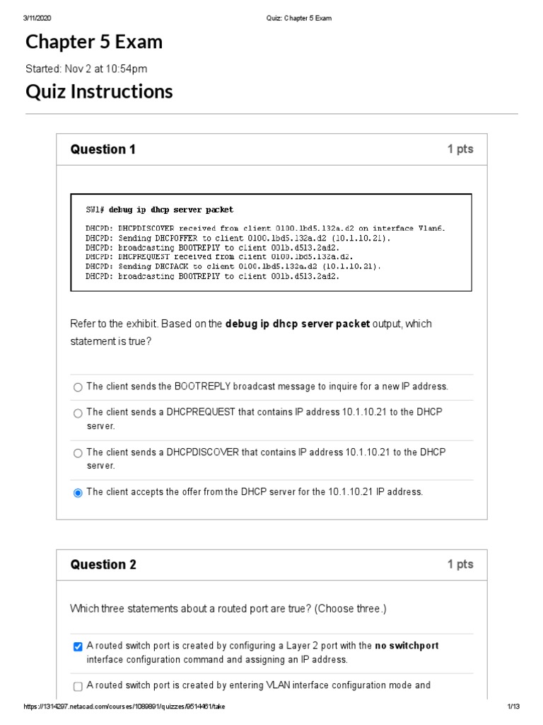 Chapter 5 Exam Quiz Instructions: Started: Nov 2 at 10:54pm | PDF | Ip ...