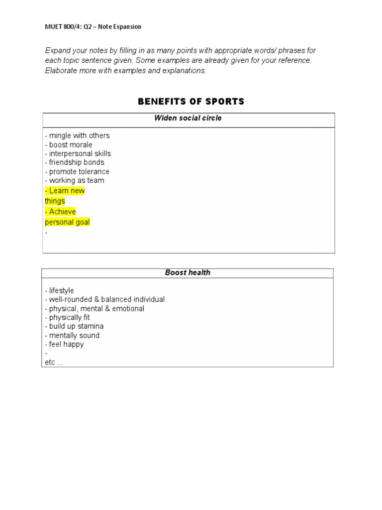 Note Expansion - Benefits of Sports | PDF