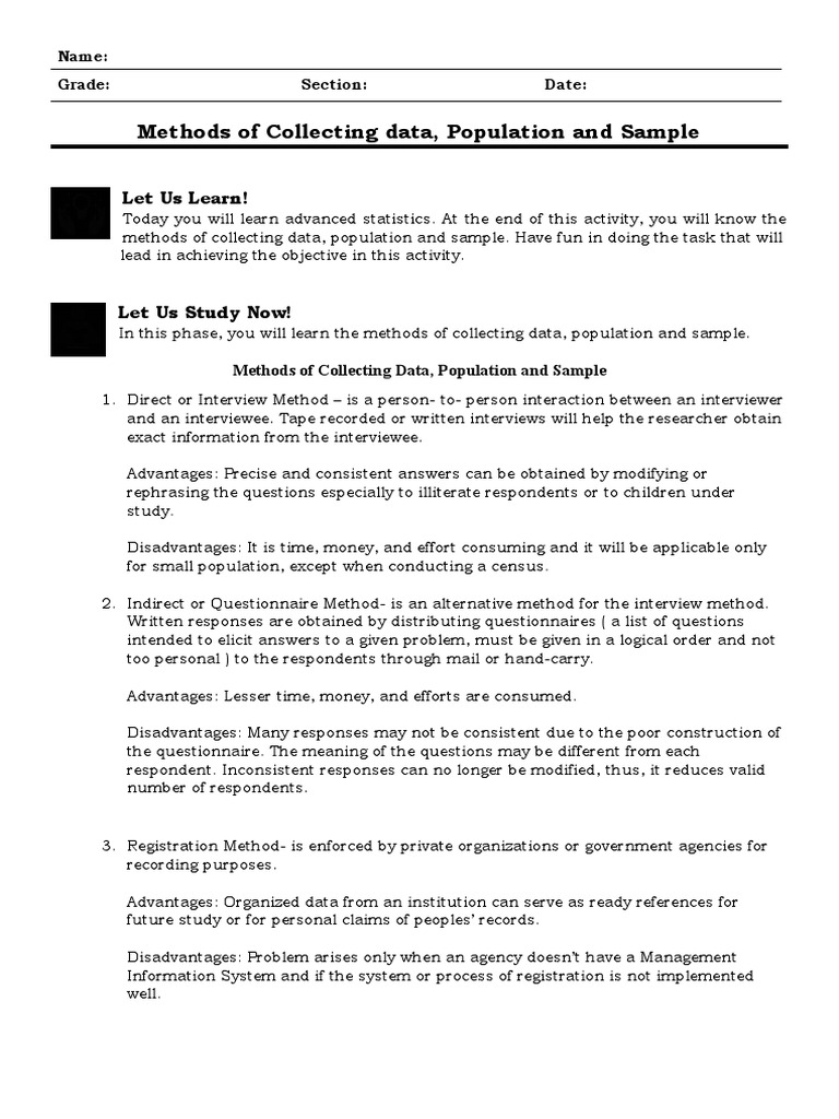 Advanced Statistics Lesson 4 Methods of Collecting Data Population and ...