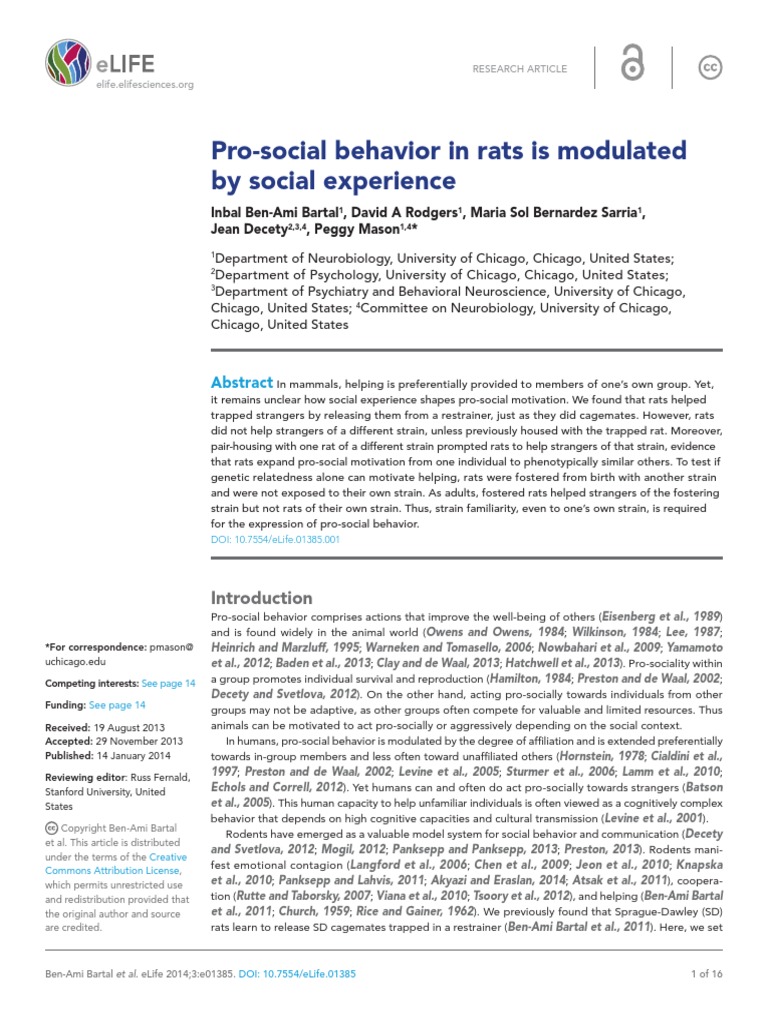 Pro-Social Behavior in Rats Is Modulated by Social Experience | PDF ...