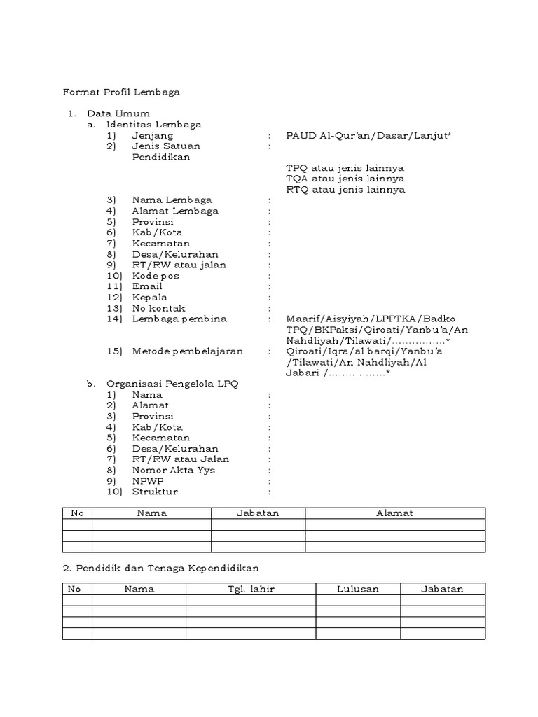 Format Profil Lembaga | PDF