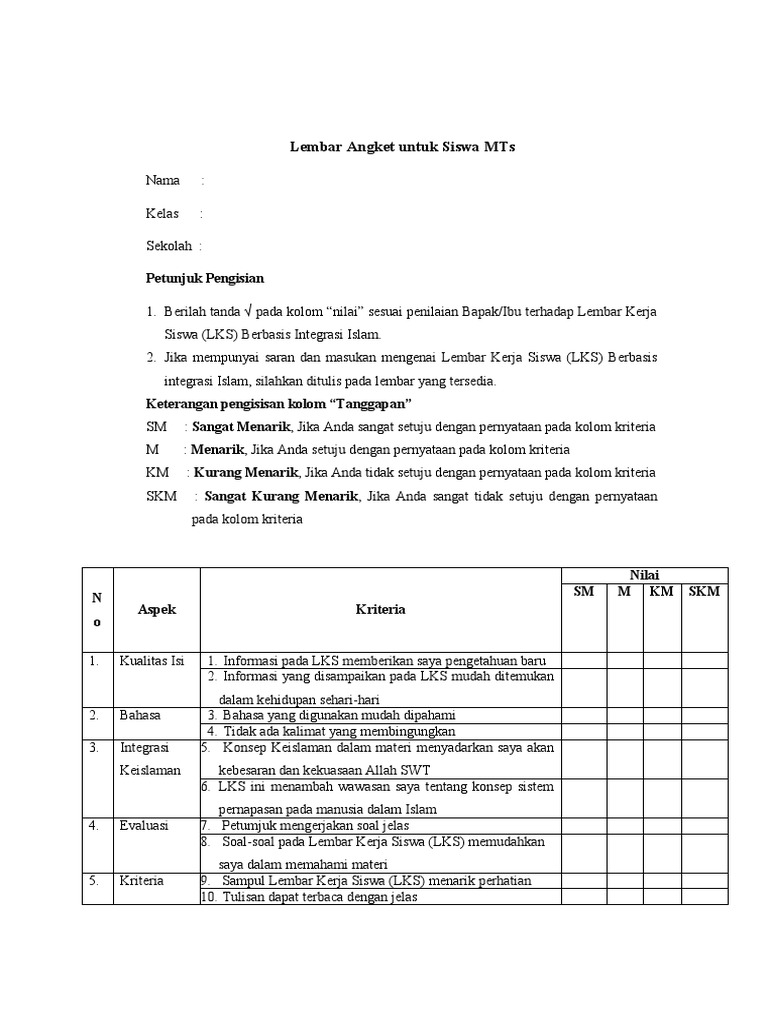 Lembar Angket Untuk Siswa MTs | PDF