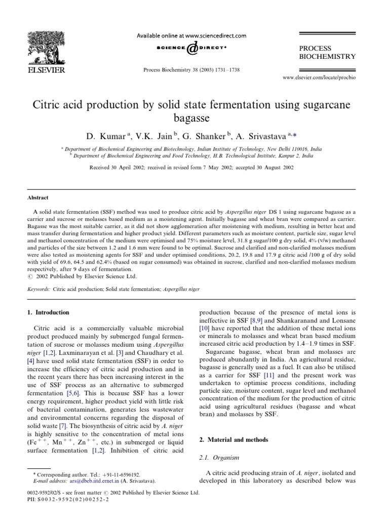 Citric Acid Production by Solid State Fermentation Using Sugarcane Bagasse | PDF | Sugarcane ...