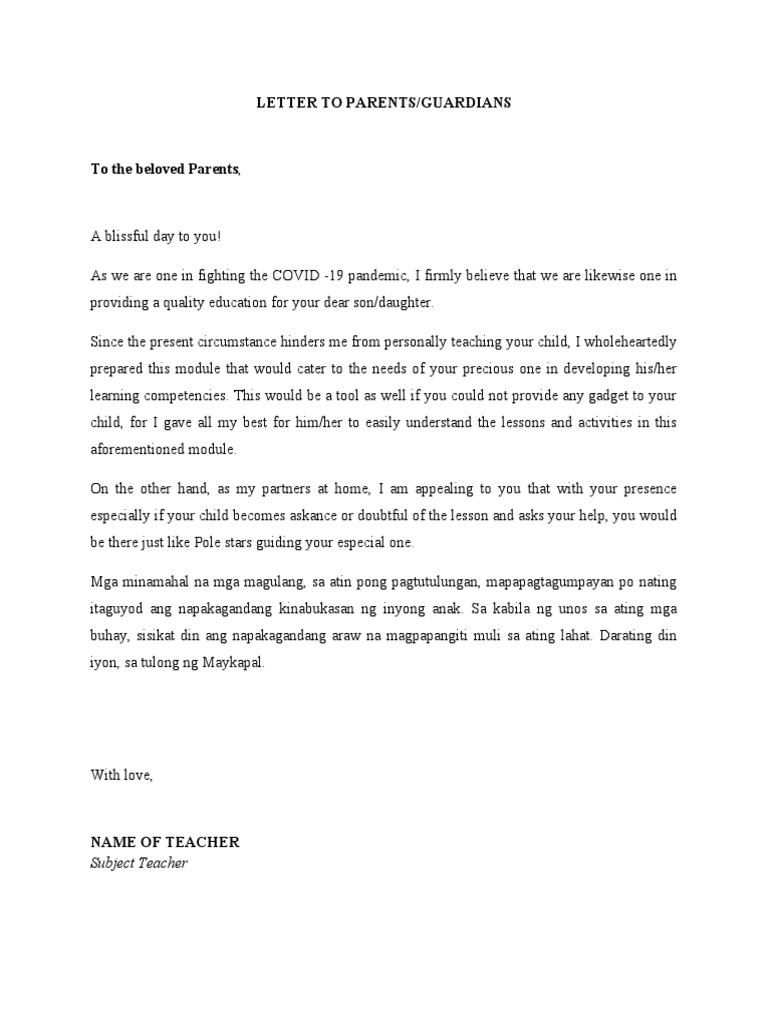 Letter To Parents/Guardians: Subject Teacher | PDF