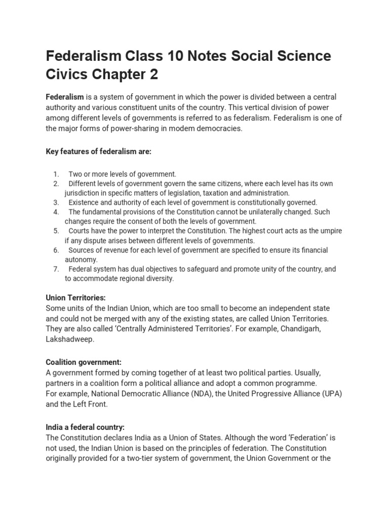 Federalism Class 10 Notes Social Science Civics Chapter 2 | PDF ...