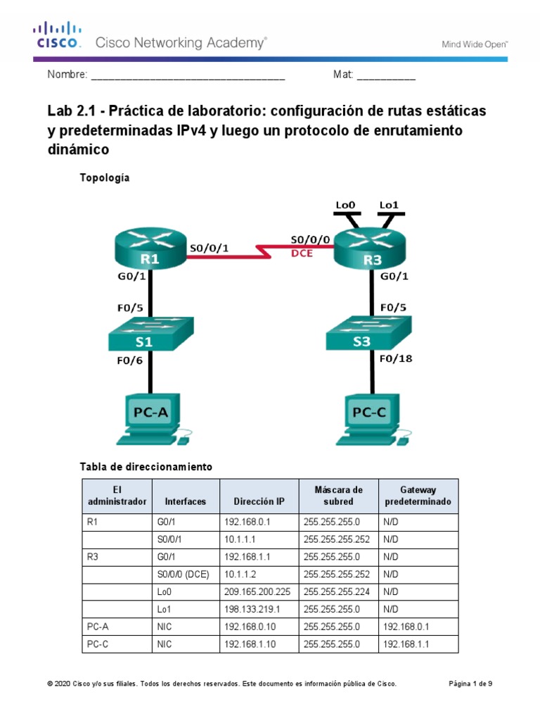 Lab 2.1 - Práctica de Laboratorio: Configuración de Rutas Estáticas Y Predeterminadas Ipv4 Y ...