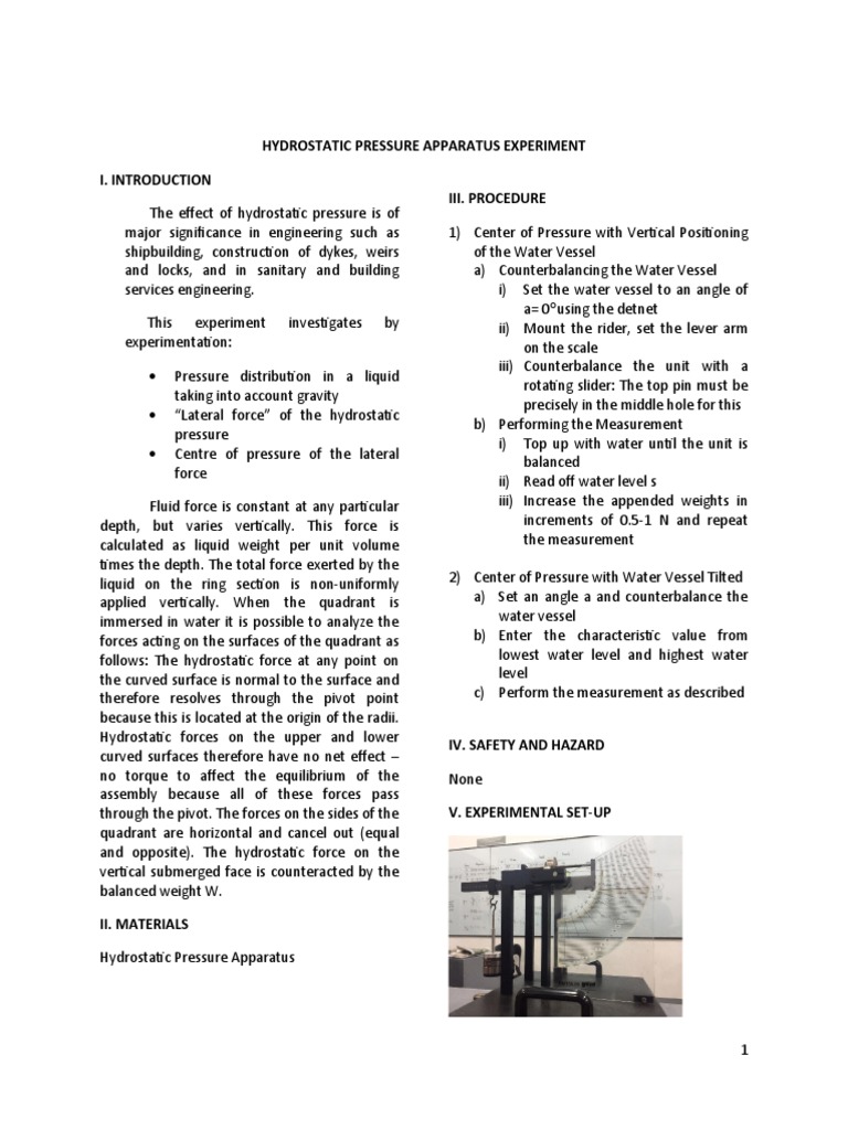 Hydrostatic Pressure Apparatus Experiment Iii. Procedure | PDF ...