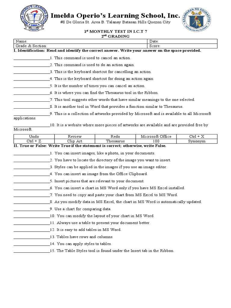 1st Monthly Exam Grade 7 ICT | PDF | Microsoft Word | Microsoft Excel