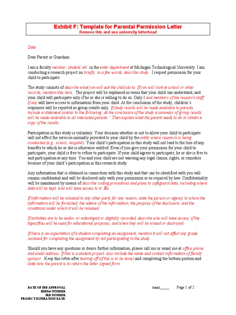Parental Permission Letter Template | PDF | Institutional Review Board ...