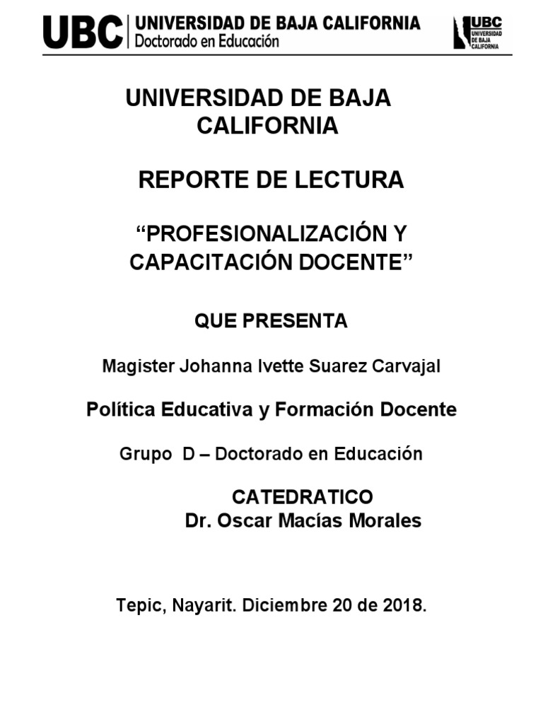 PROFESIONALIZACIÓN Y CAPACITACIÓN DOCENTE - Reporte de Lectura 4 ...