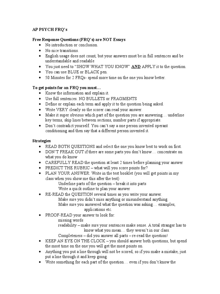 Ap Psych FRQ'S Free Response Questions (FRQ'S) Are NOT Essays | PDF ...
