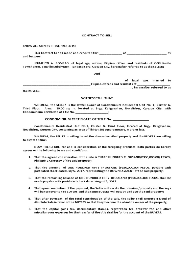 CONTRACT TO SELL Example | PDF | Payments | Government