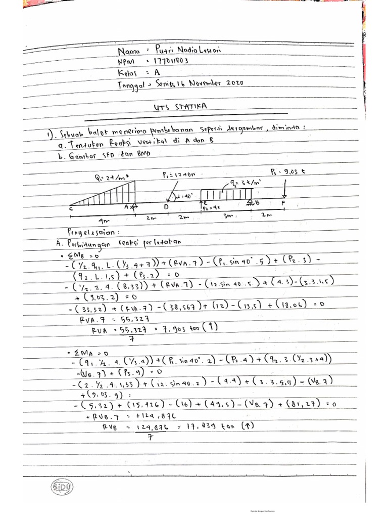 Putri Nadia Lestari - Kelas A - UTS Statika PDF | PDF