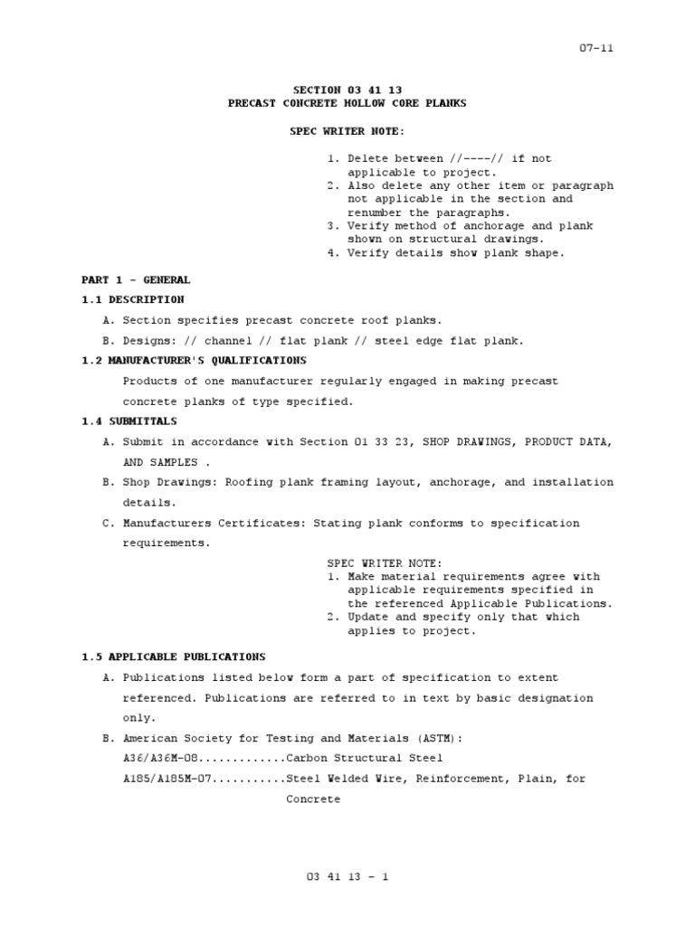 SECTION 03 41 13 Precast Concrete Hollow Core Planks Spec Writer Note ...