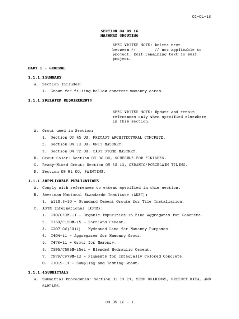 Masonry Grout Specification | PDF | Concrete | Cement