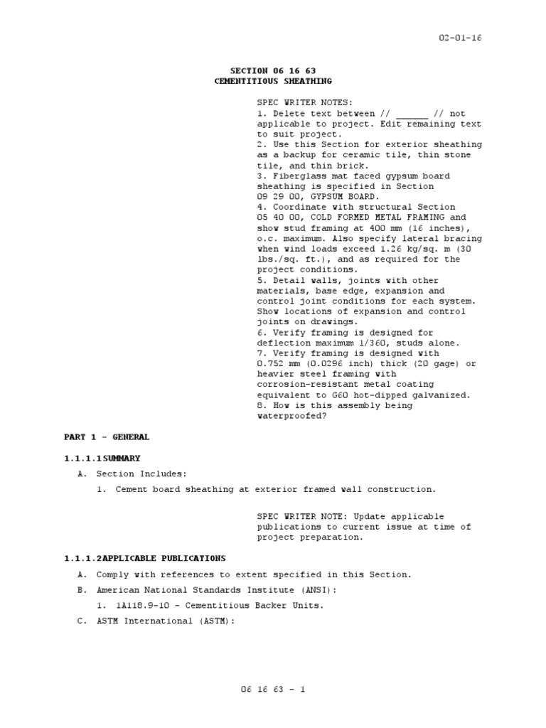 Specifications for Cementitious Sheathing Materials and Installation ...