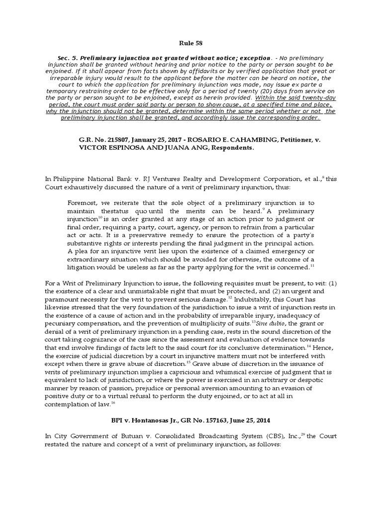 Rule 58: Sec. 5. Preliminary Injunction Not Granted Without Notice ...