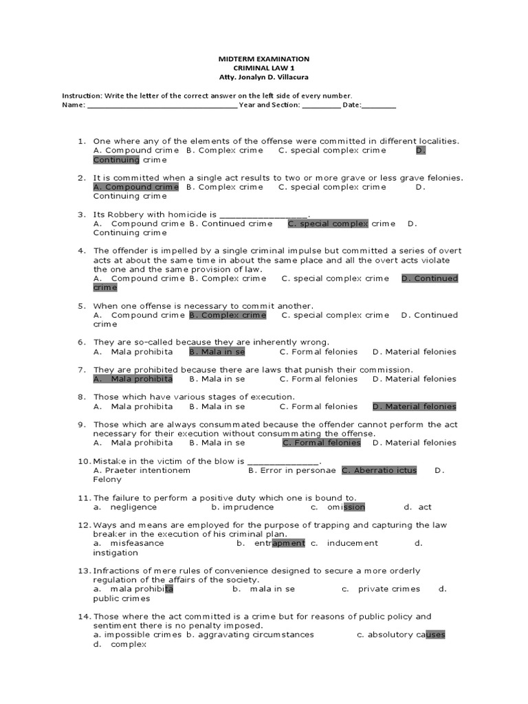 Law 1 - Midterm Exam ANSWER | PDF | Crime & Violence | Crime Thriller