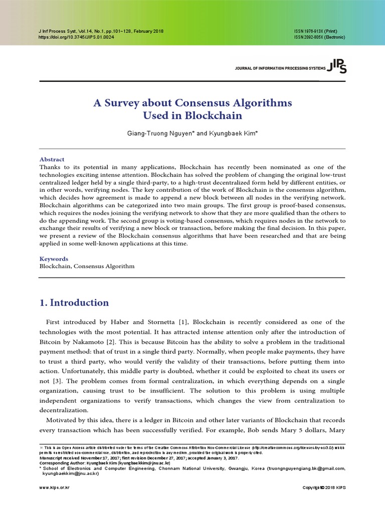 A Survey About Consensus Algorithms Used in Blockchain: Giang-Truong Nguyen and Kyungbaek Kim ...