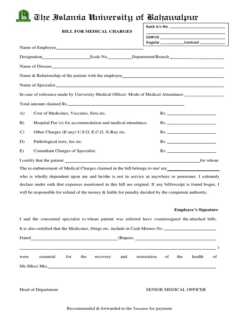 The Islamia University of Bahawalpur: Bill For Medical Charges | PDF ...