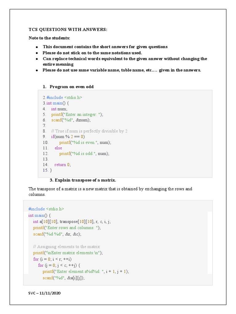 Tcs Questions With Answers: Note To The Students | PDF | Relational ...