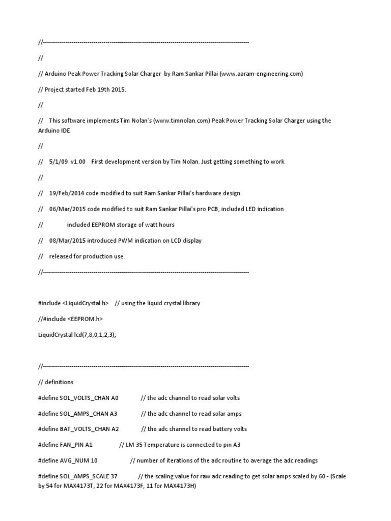 MPPT Arduino ATMega8 Solar Charge Controller Ver01 Code | PDF | Battery ...