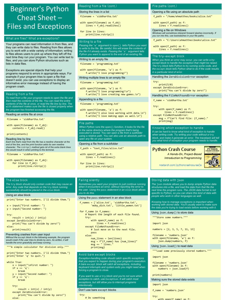 7 Beginners - Python - Cheat - Sheet - PCC - Files - Exceptions PDF | PDF | Text File | Computer ...