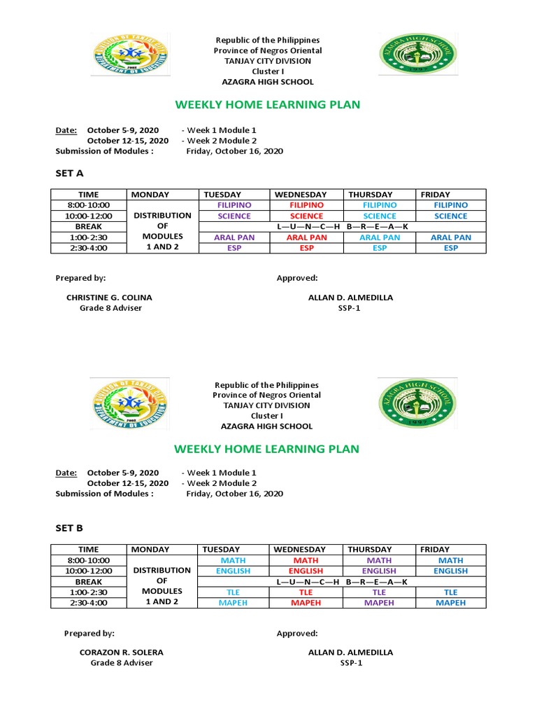 Weekly Home Learning Plan: Set A | PDF