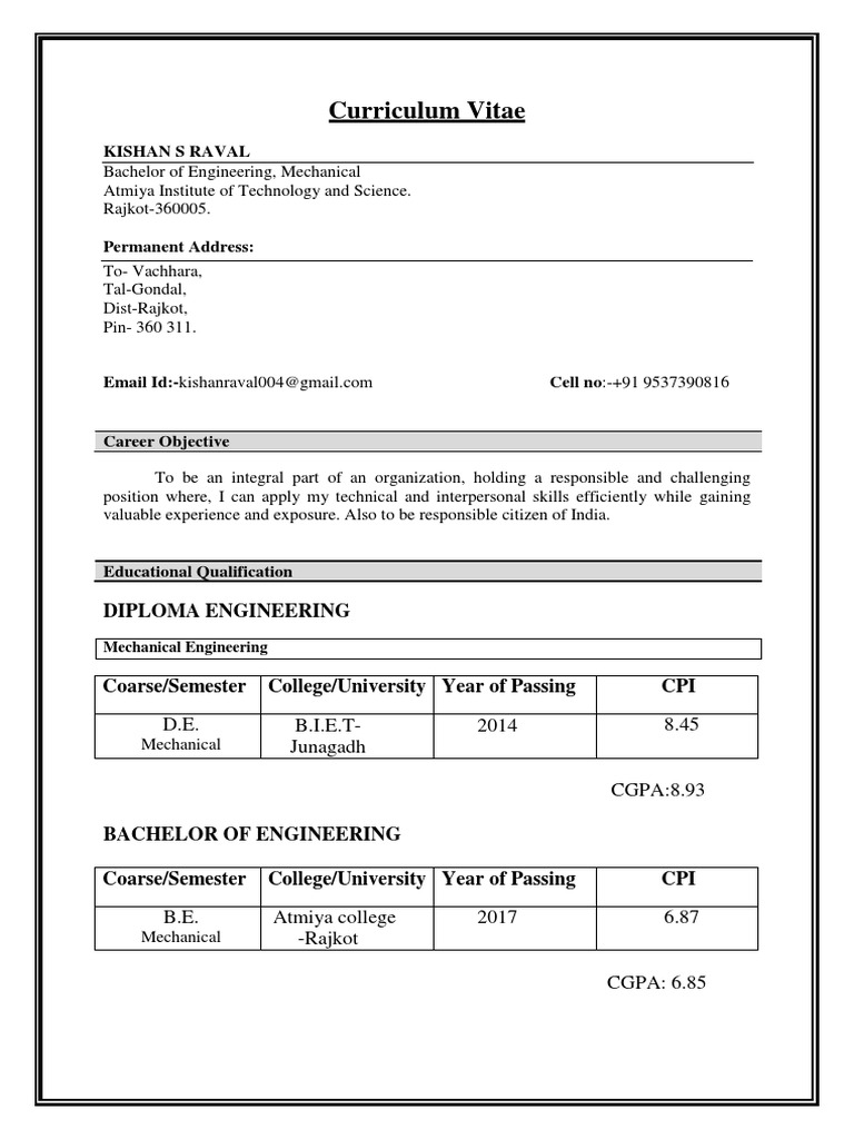 Curriculum Vitae: Kishan S Raval | Download Free PDF | Engineering | Mechanical Engineering