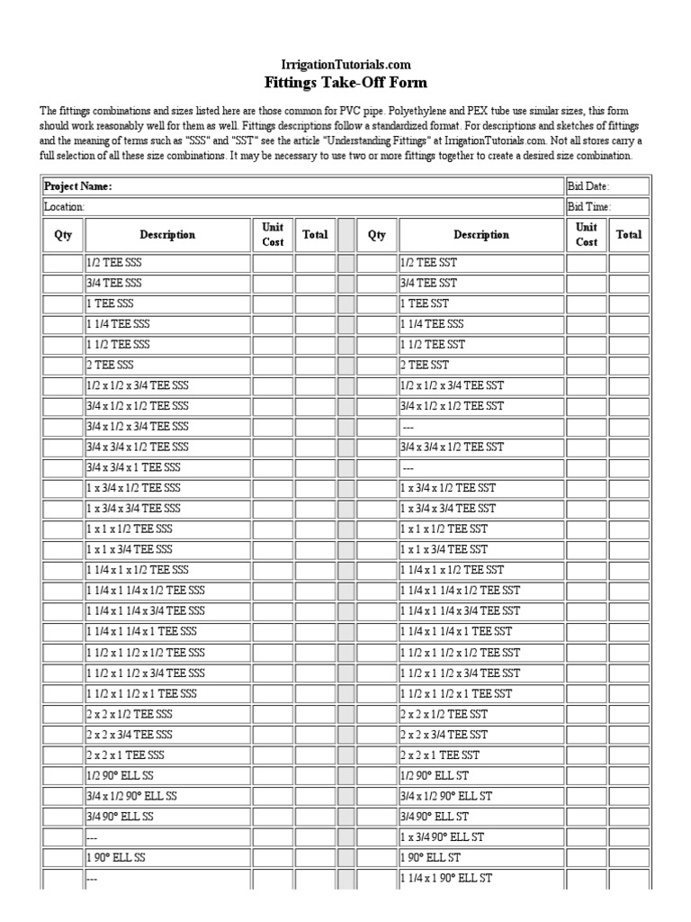 Irrigation Fittings Take Off Form | PDF | Economic Sectors | Equipment