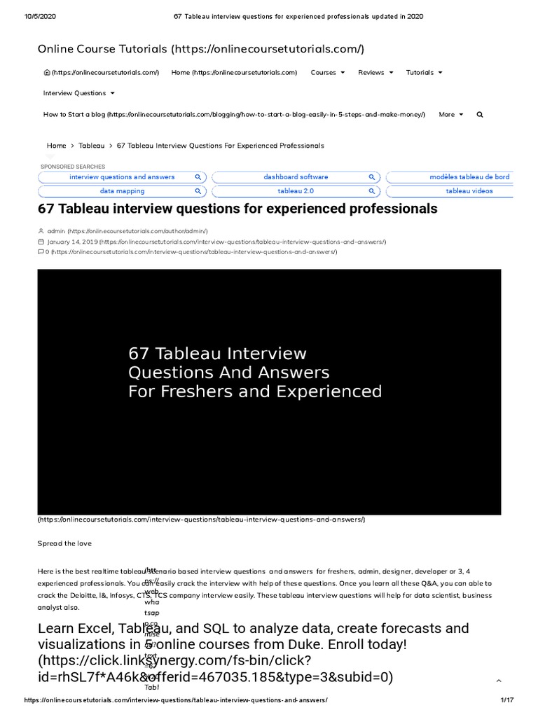 67 Tableau Interview Questions For Experienced Professionals Updated in 2020 | PDF | Databases | Sql