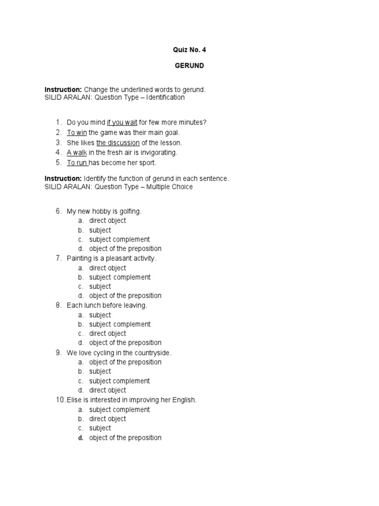 Gerund Quiz for Language Learners | PDF